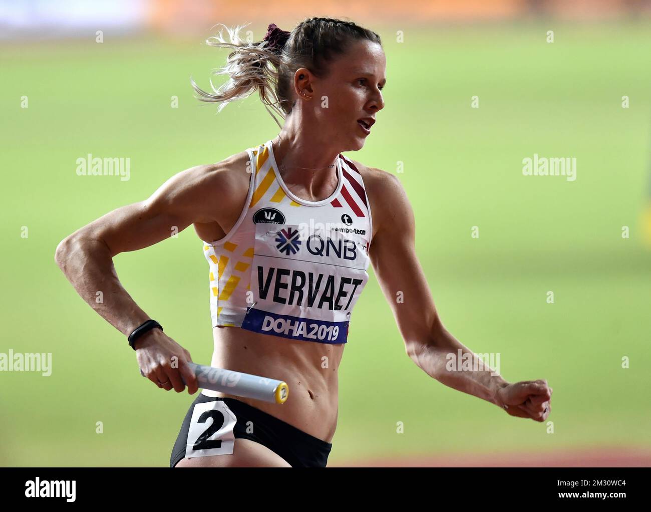 Belgian Imke Vervaet runs the final of the women's 4x400m relays ...