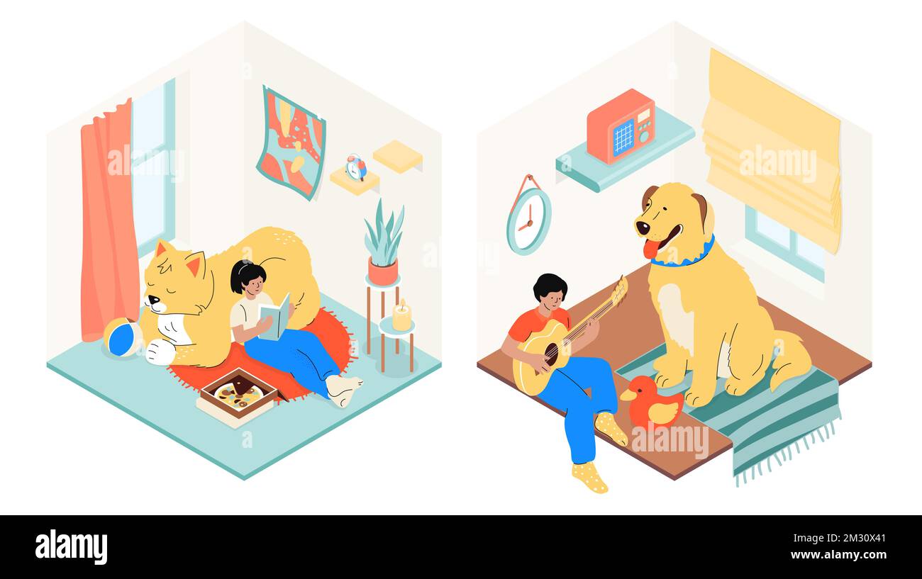 Cat and dog lovers rooms - modern vector colorful isometric ...