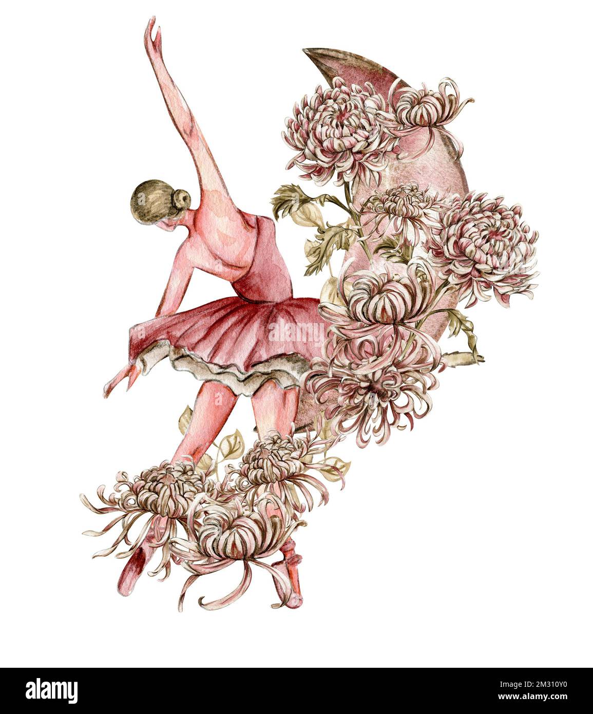 Hand drawn watercolor card template dancing ballerina with flower and ...