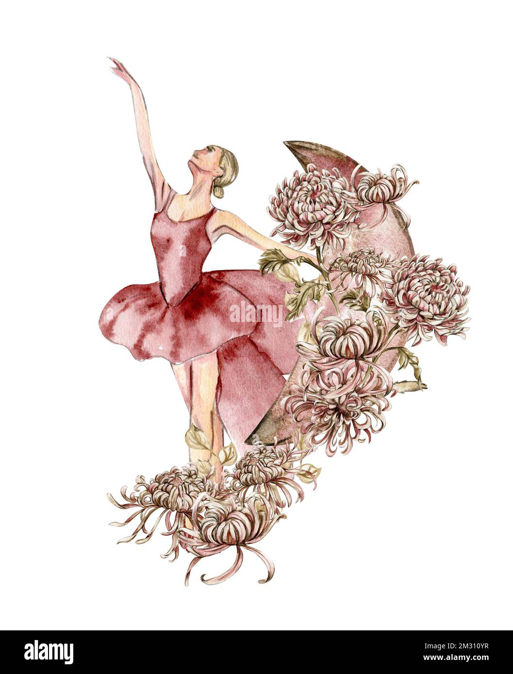 Hand drawn watercolor card template dancing ballerina with flower and ...