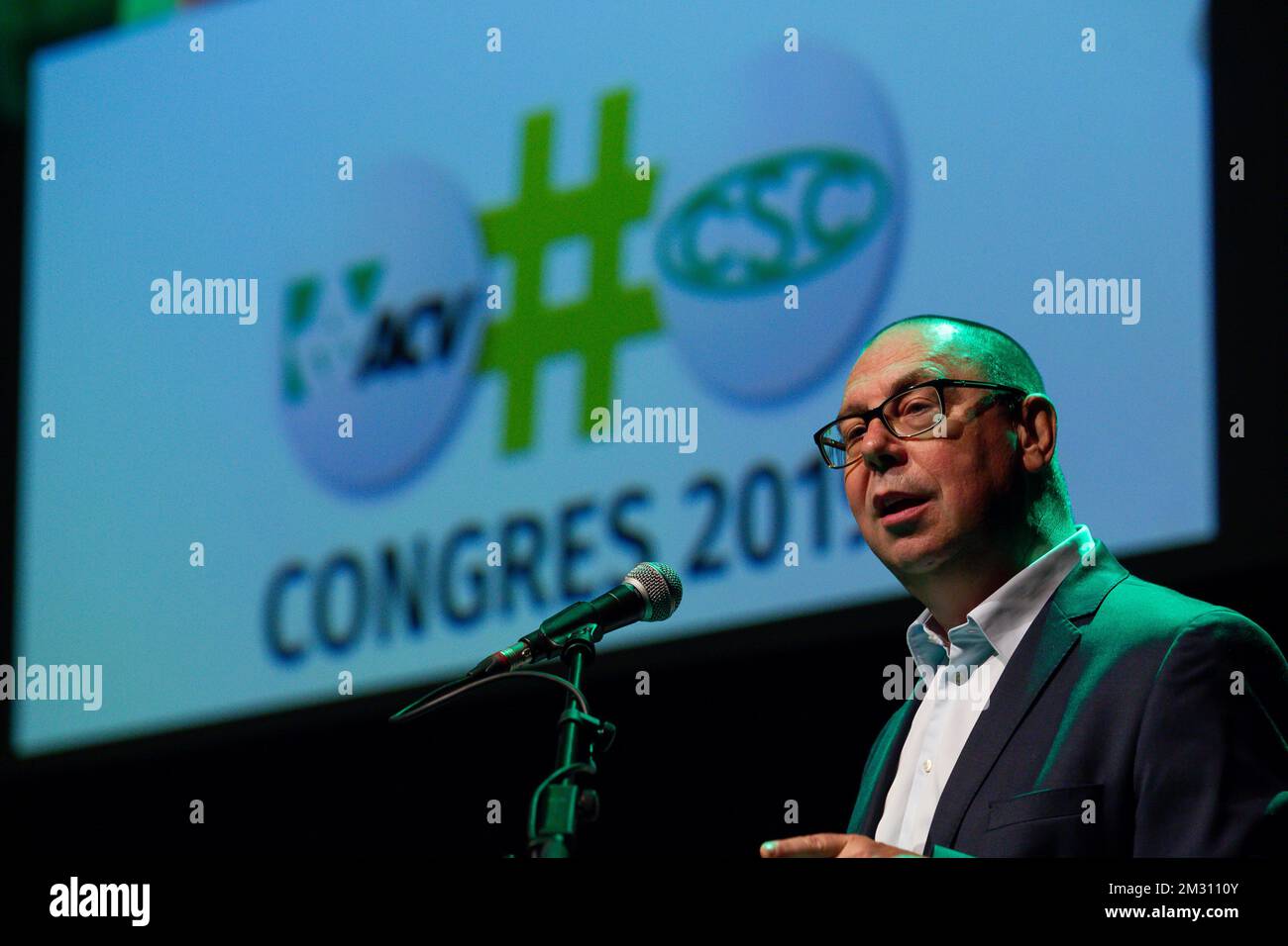 ACV/CSC christian union chairman Marc Leemans delivers a speech at the ...