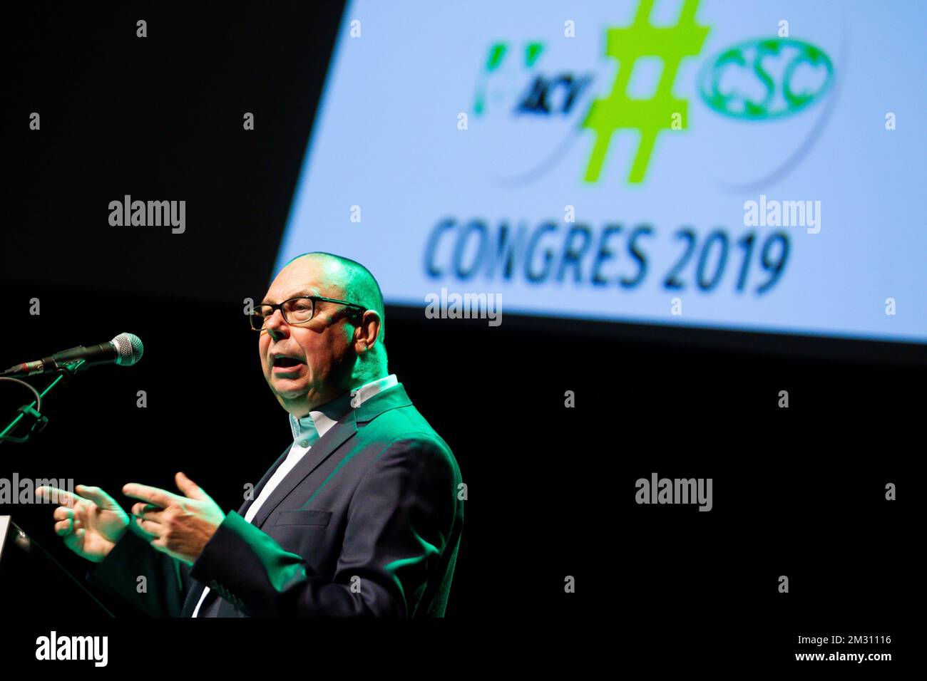 ACV/CSC christian union chairman Marc Leemans delivers a speech at the ...