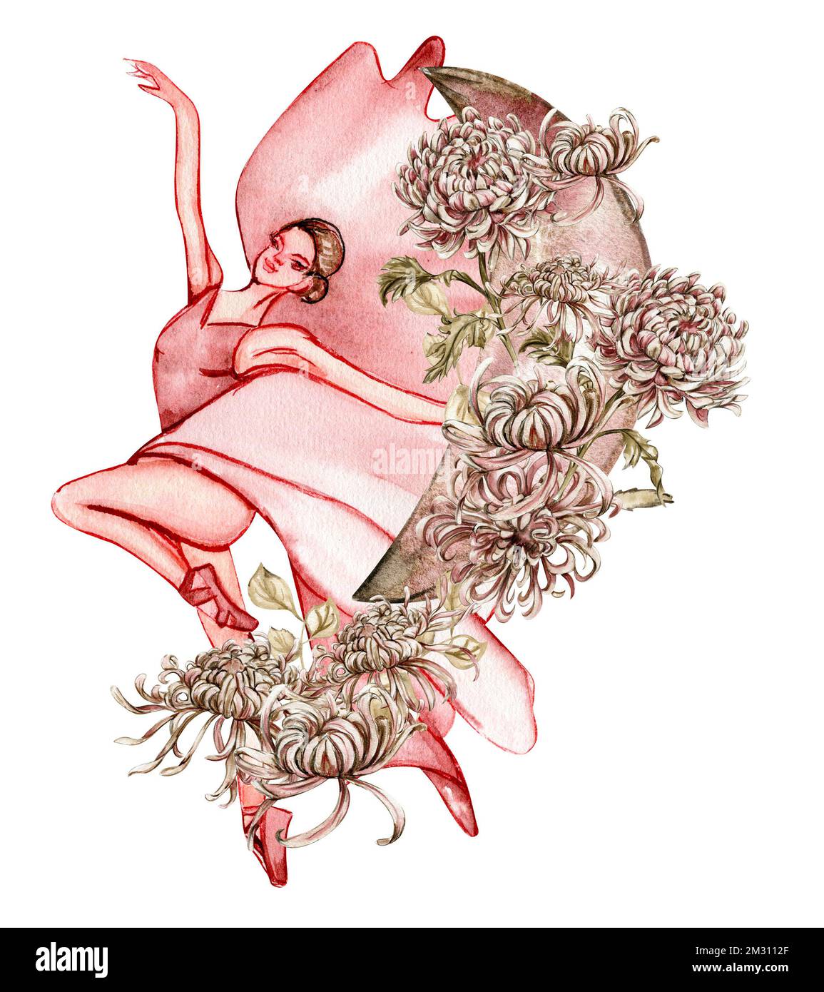 Hand drawn watercolor card template dancing ballerina with flower and ...