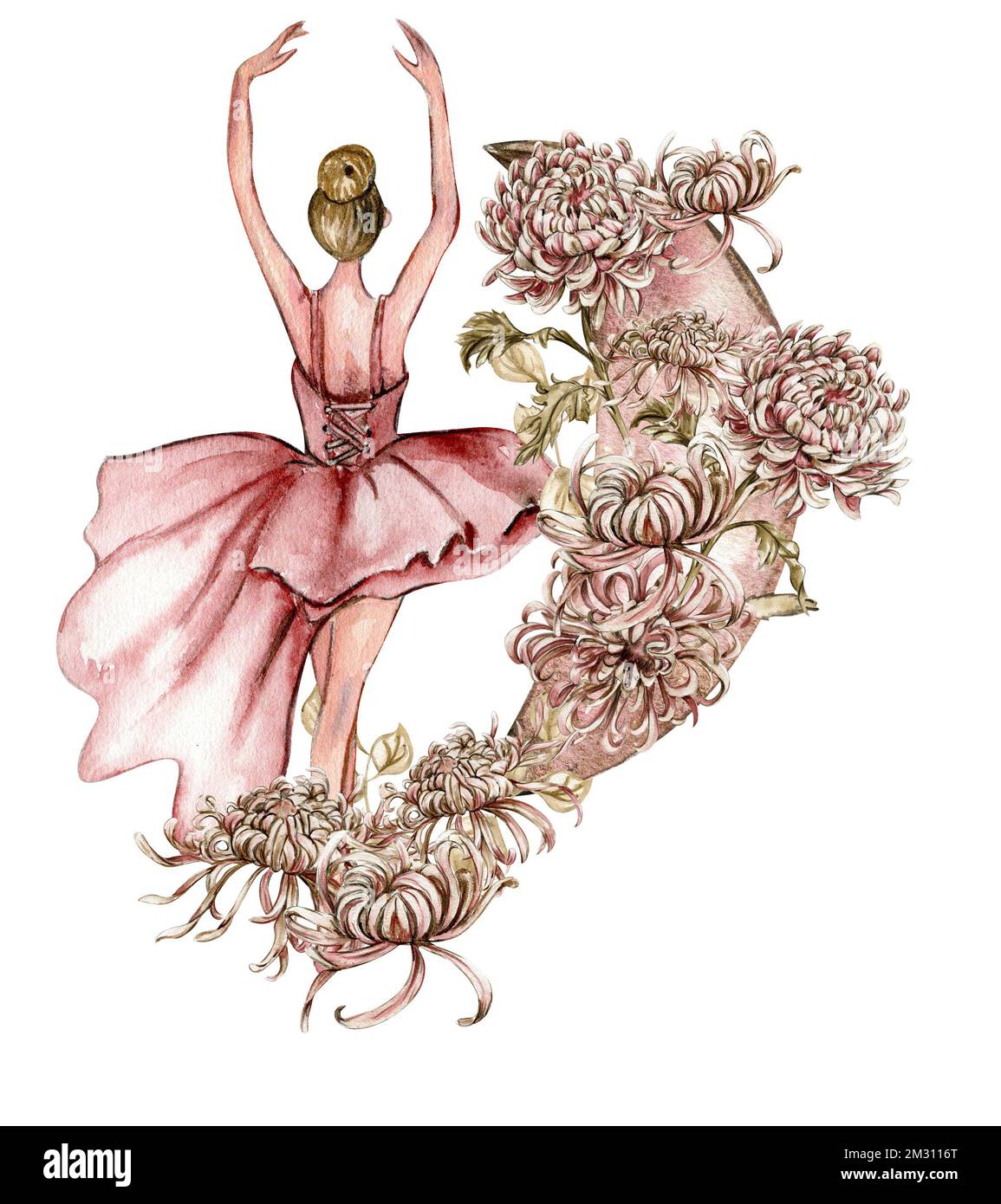 Hand drawn watercolor card template dancing ballerina with flower and ...