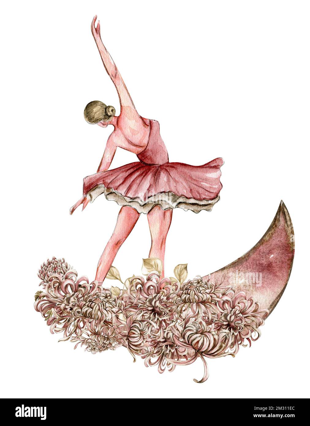 Hand drawn watercolor card template dancing ballerina with flower and ...