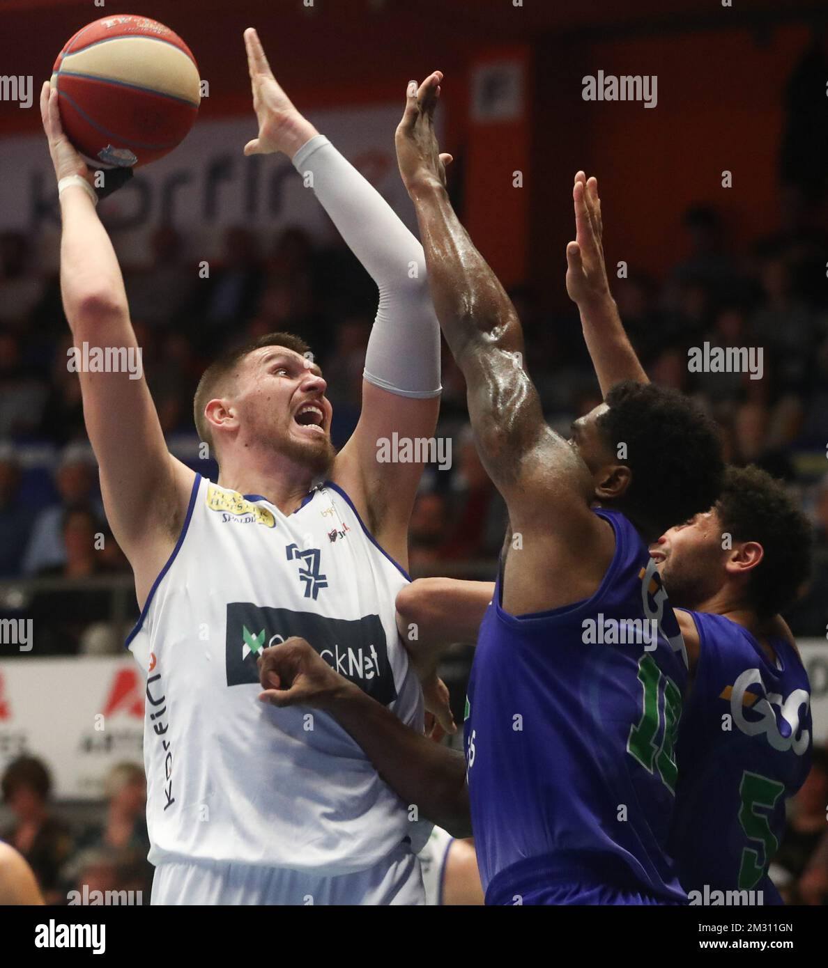 Aalstar's Marin Maric, Mons' Justin Cage and Mons' Auston Barnes fight ...