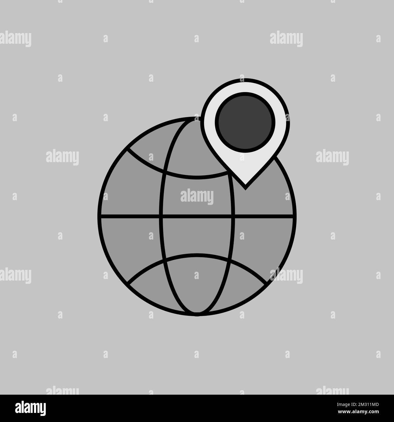 Earth planet and location marker on it vector grayscale icon ...