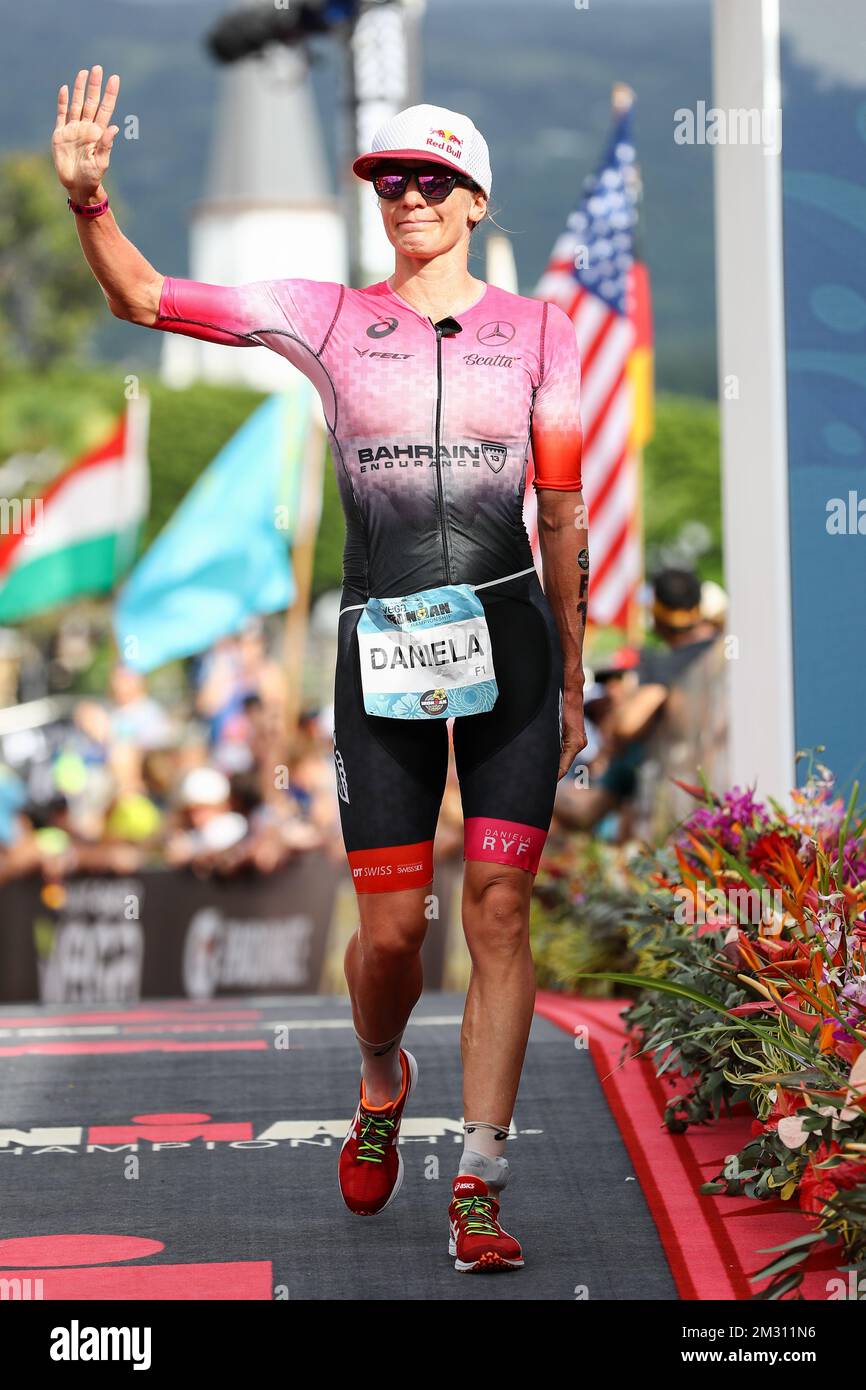 Daniella Ryf (SUI) crosses the finish line of the Hawaii Ironman ...