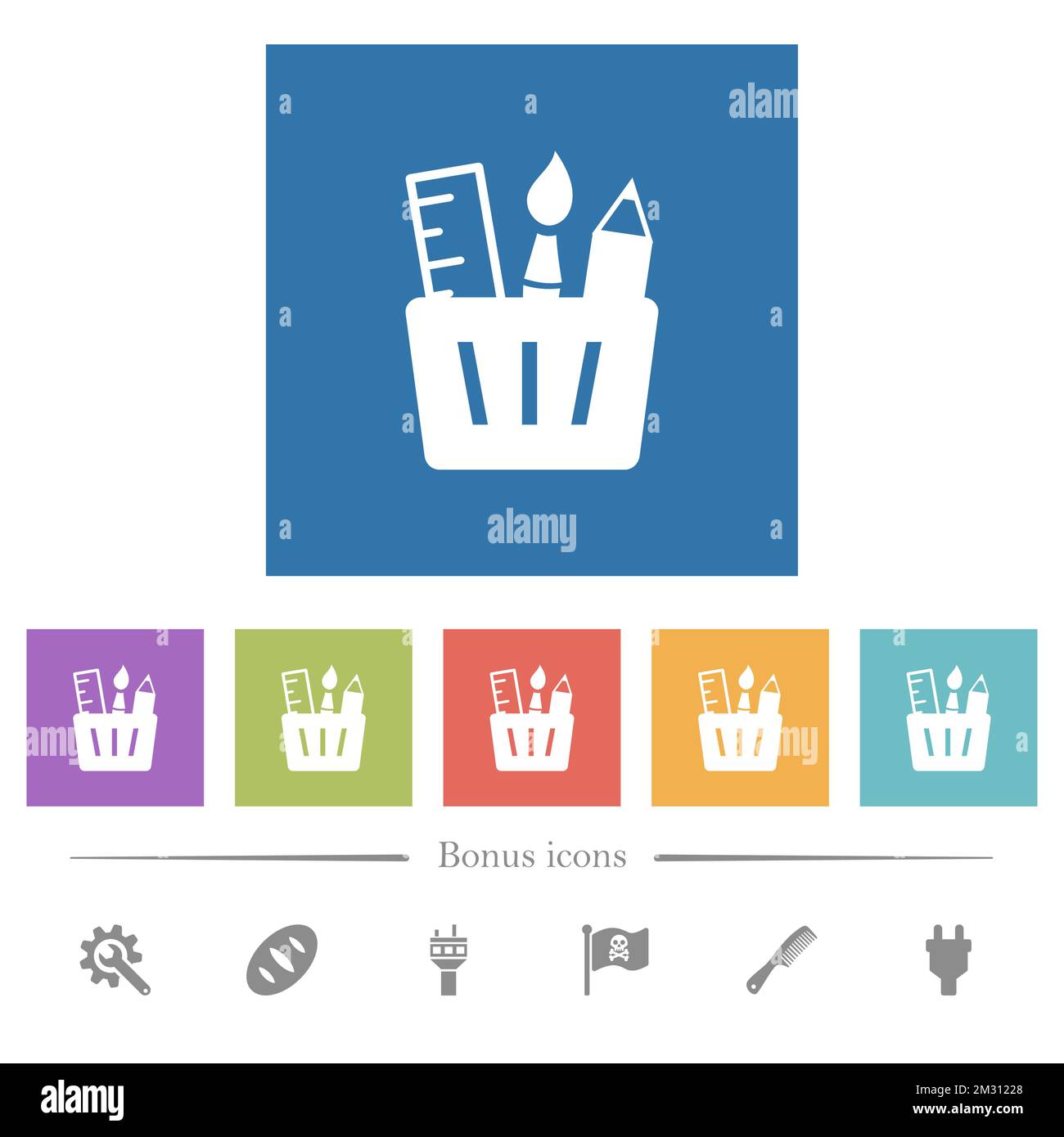 Drawing tools solid flat white icons in square backgrounds. 6 bonus ...