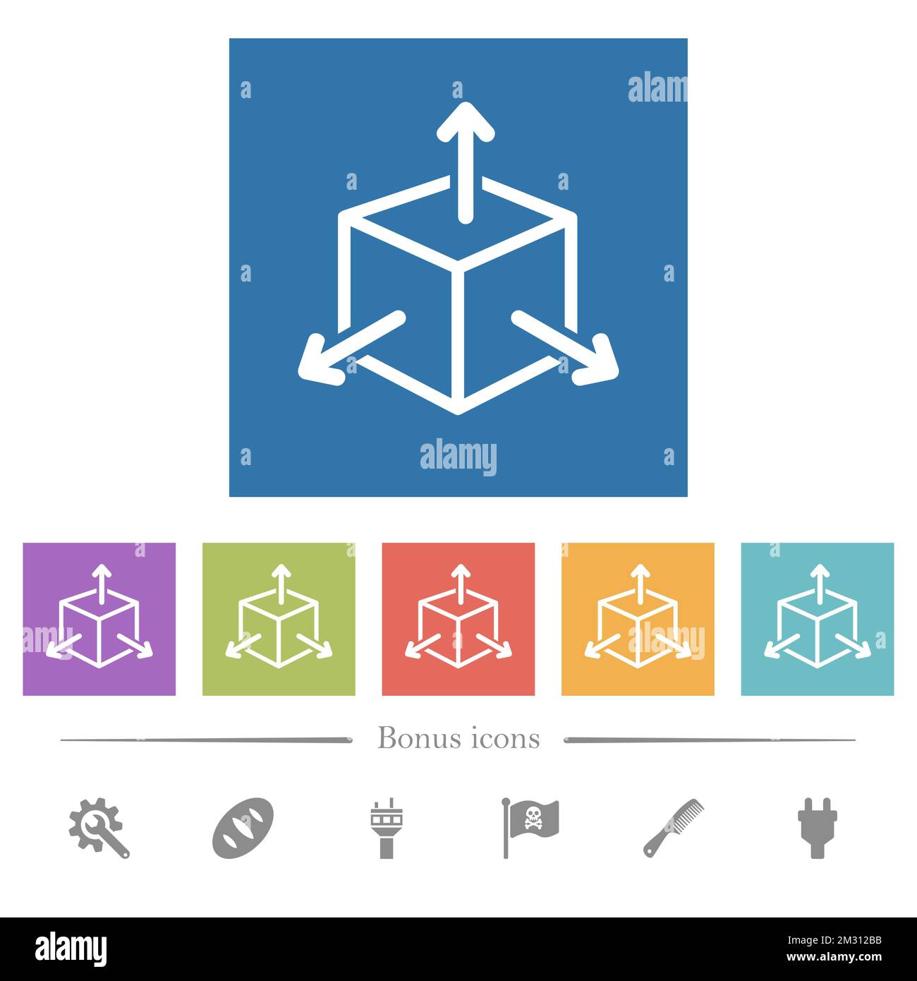 Scalability flat white icons in square backgrounds. 6 bonus icons ...