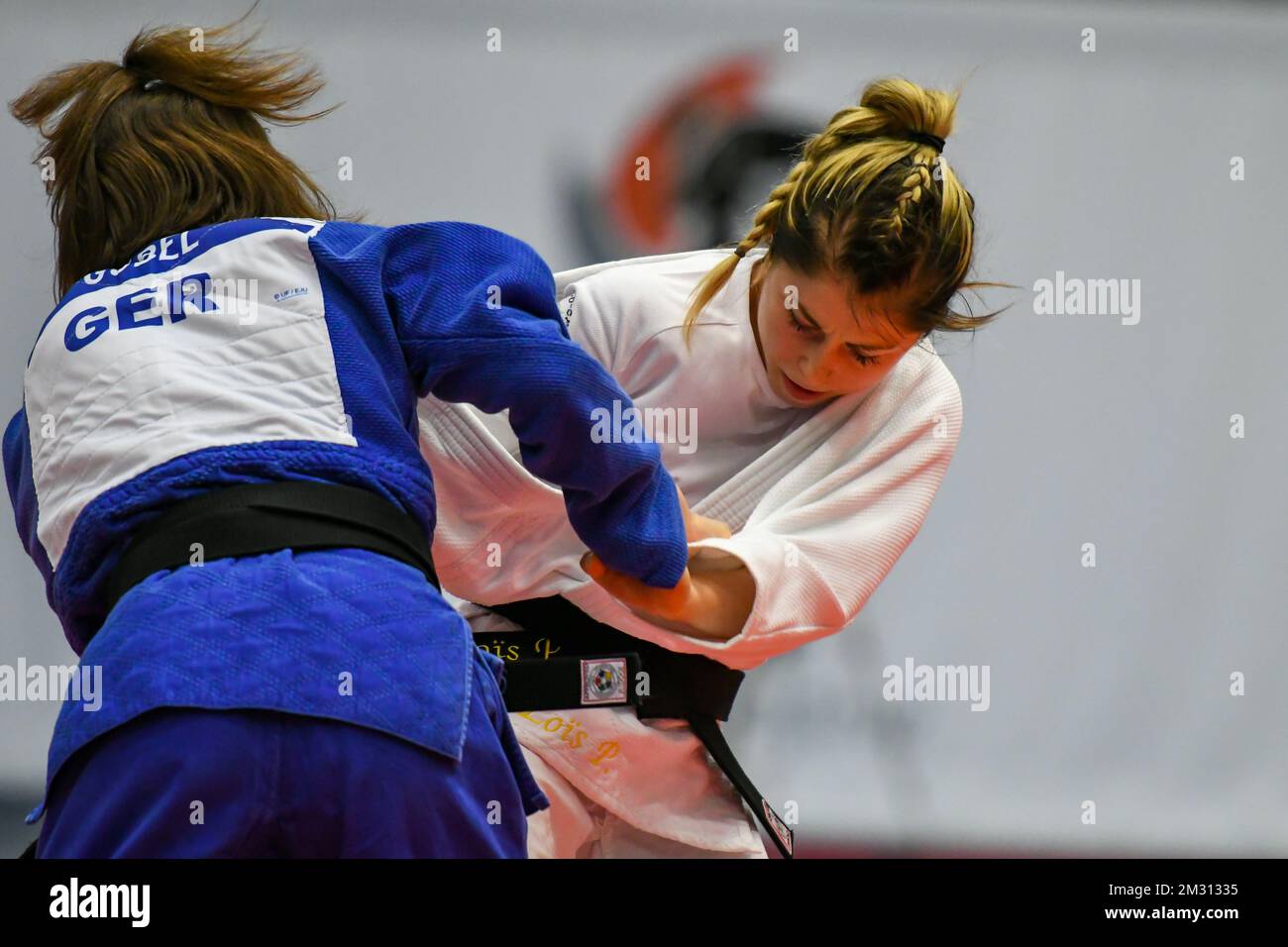 Lois Petit, BEL (white) and Laila Goebel, GER (blue) pictured in action ...