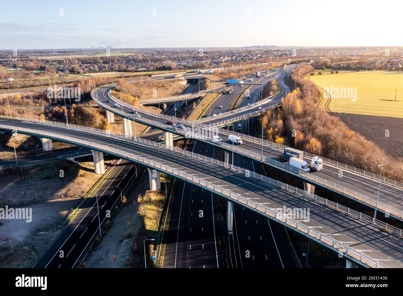 FERRYBRIDGE, YORKSHIRE, UK - DECEMBER 14, 2022. An aerial view above a ...