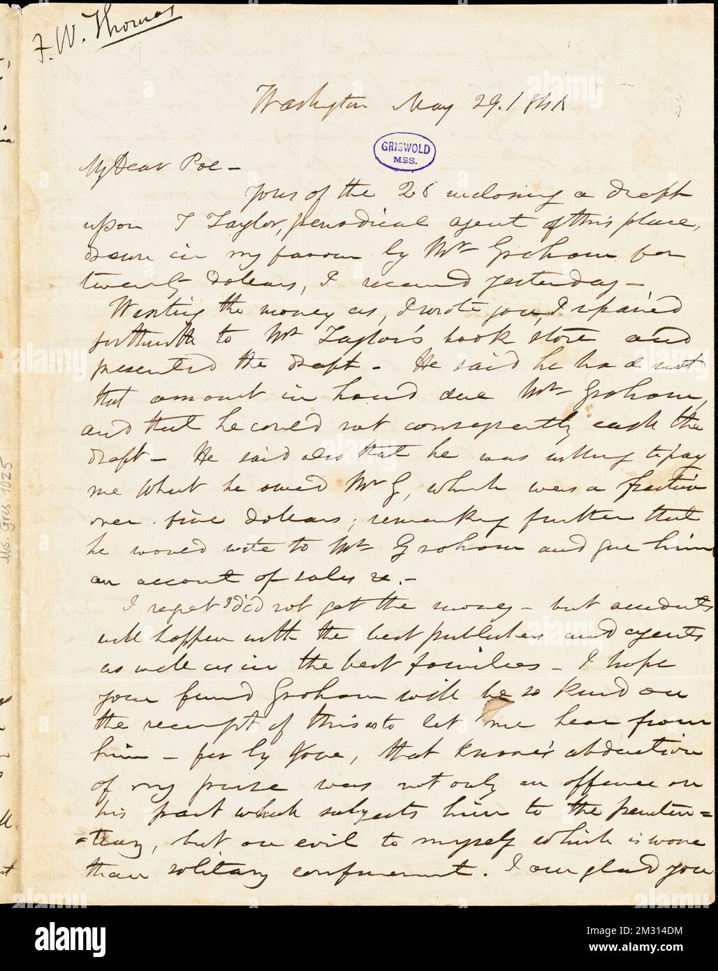 Frederick William Thomas, Washington, DC., autograph letter signed to ...