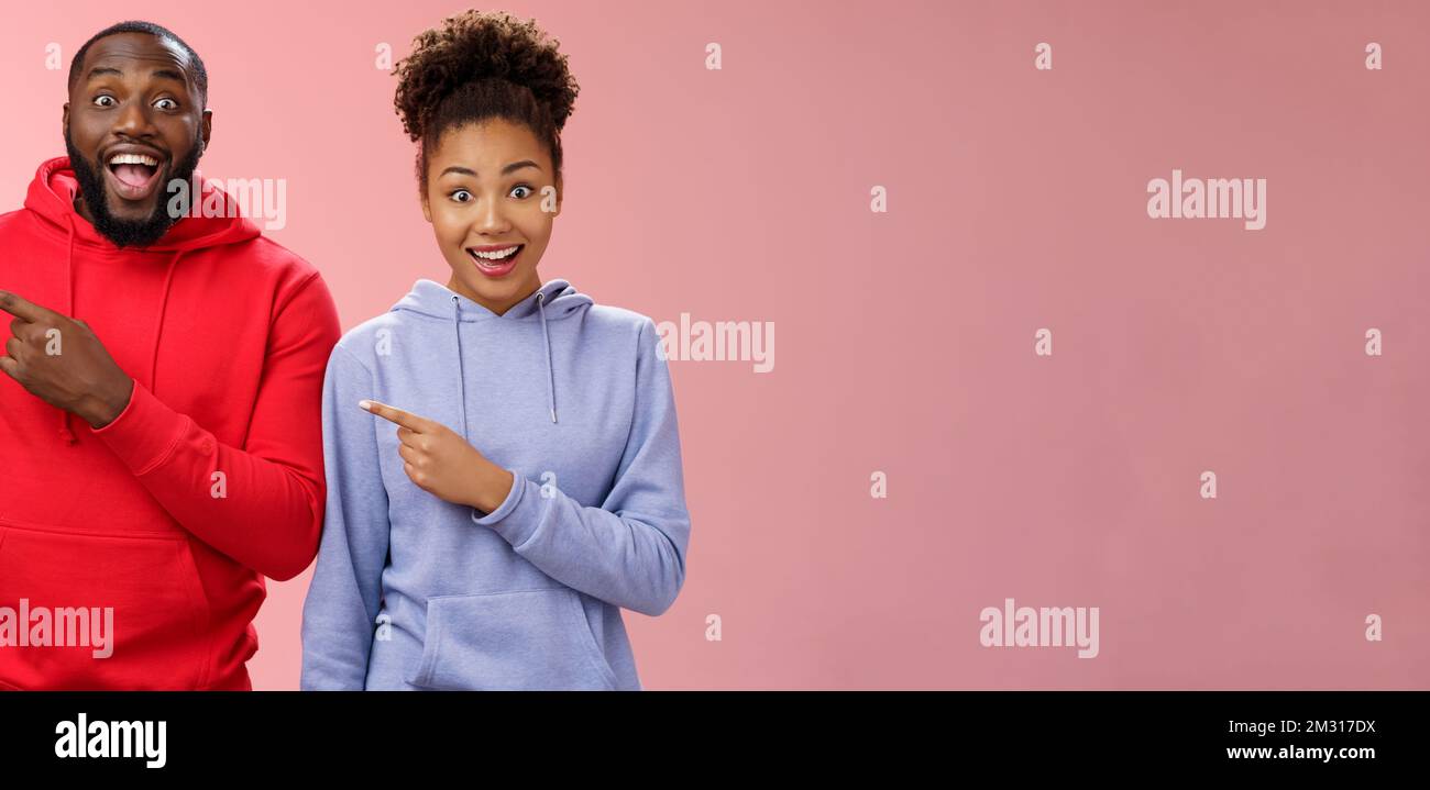 Impressed two best friends african american man woman 25s drop jaw ...