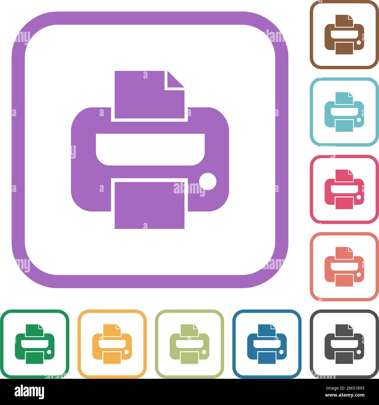 Printer solid simple icons in color rounded square frames on white ...