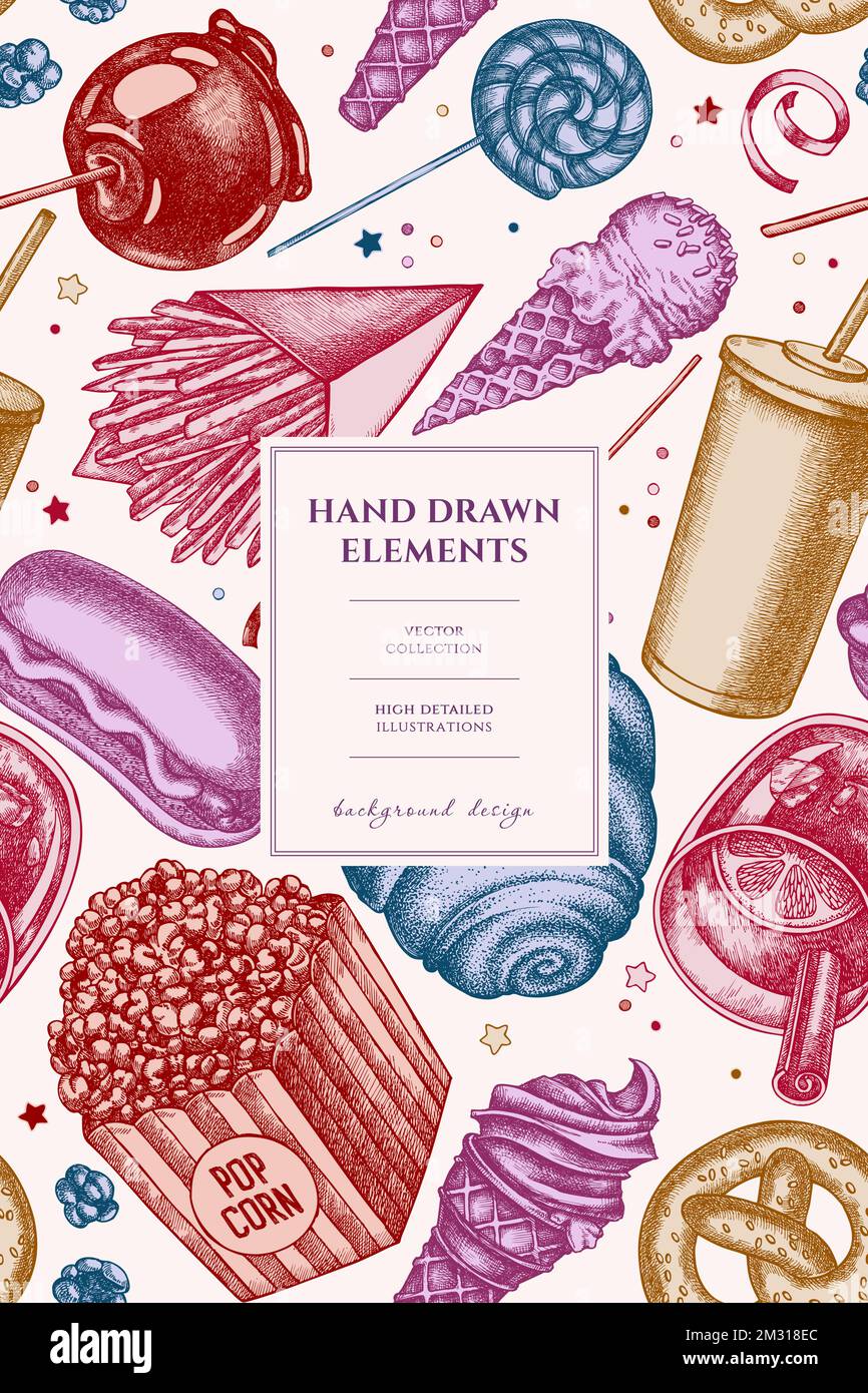 Carnival food pattern card design. Hand drawn french fries, pretzel ...