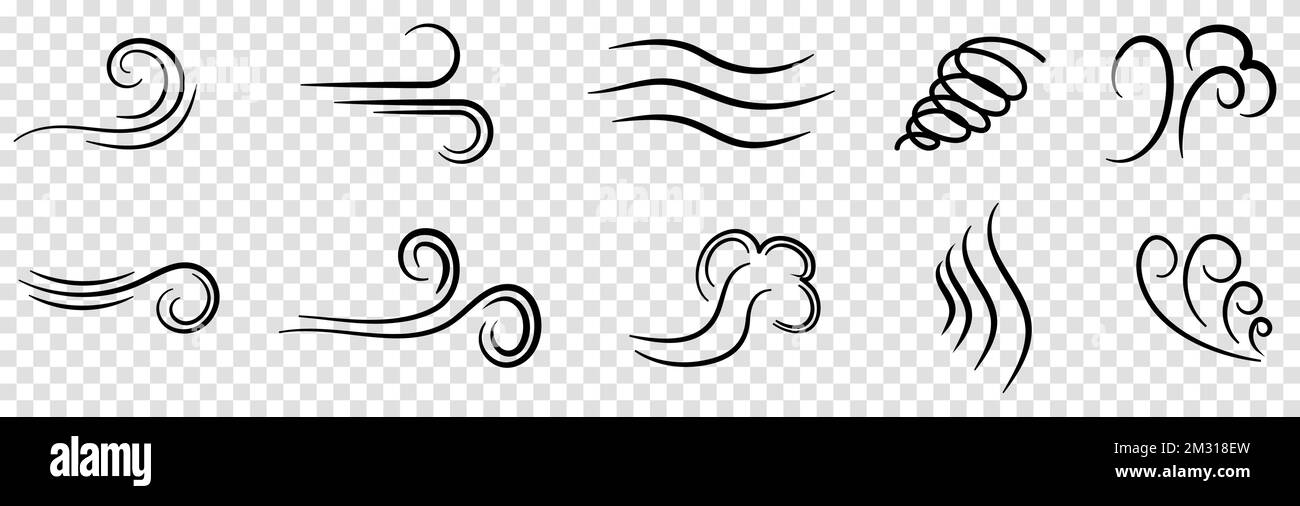Wind icon set. Blowing wind outline icons. Vector illustration isolated on transparent ...
