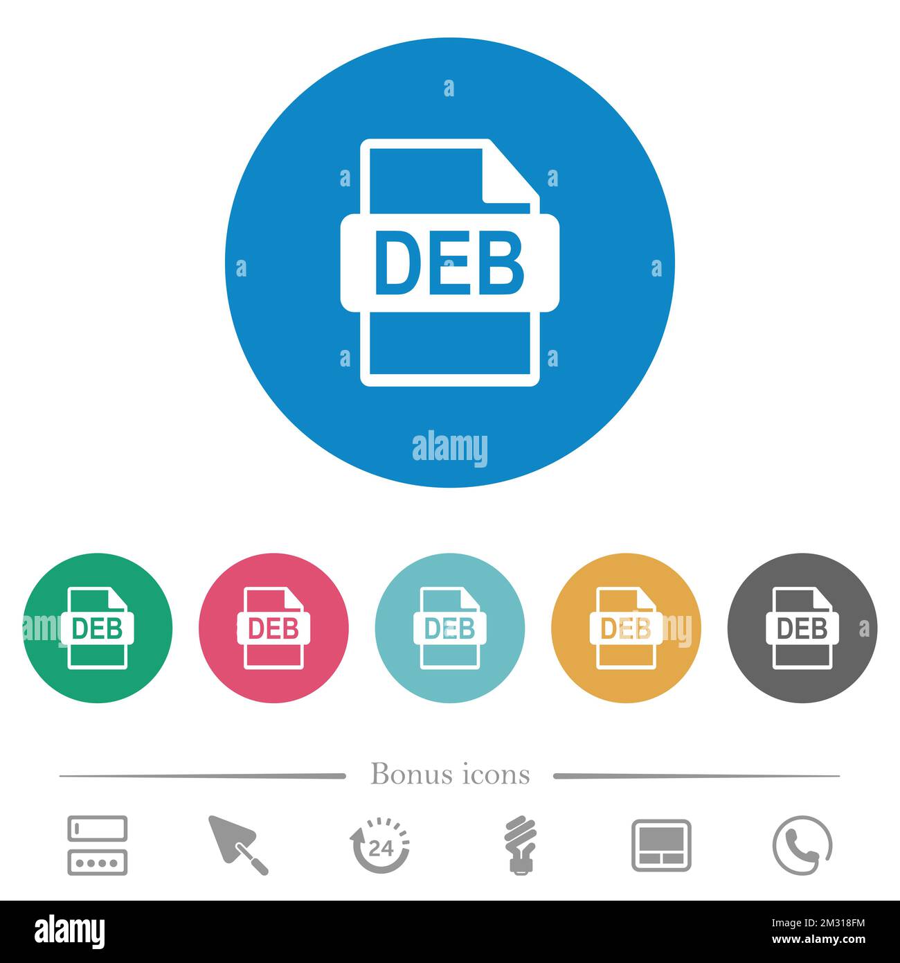 DEB file format flat white icons on round color backgrounds. 6 bonus ...