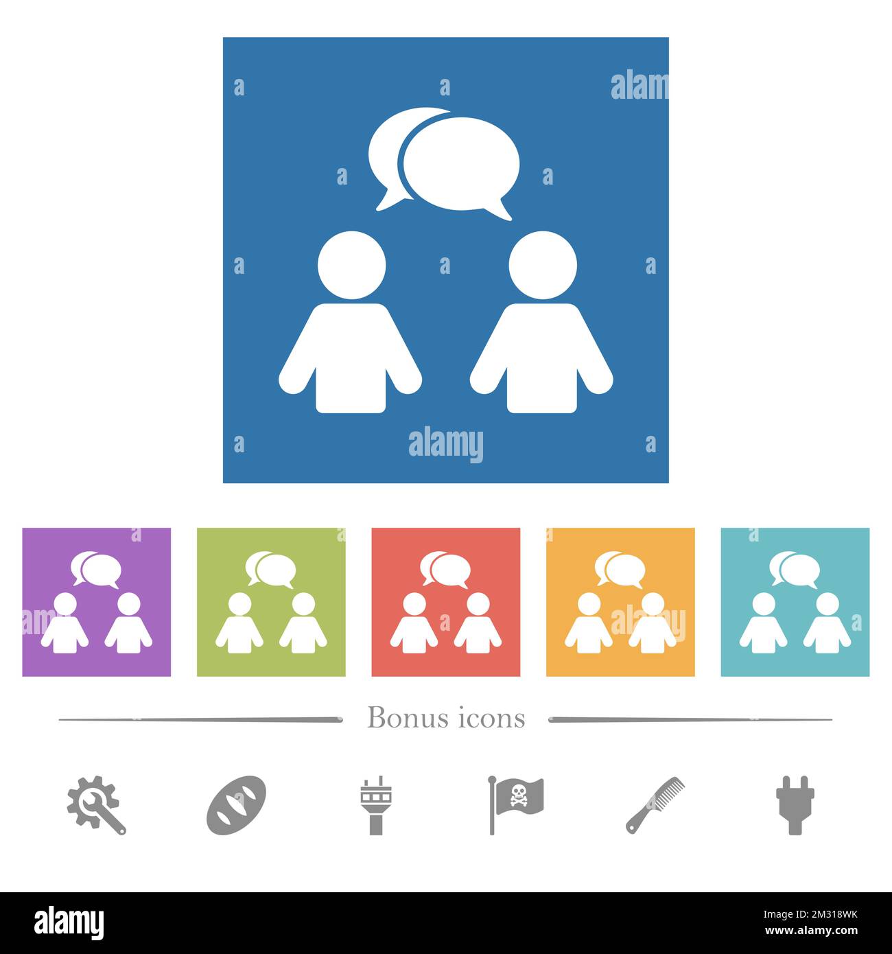 Two talking persons with oval bubbles solid flat white icons in square ...