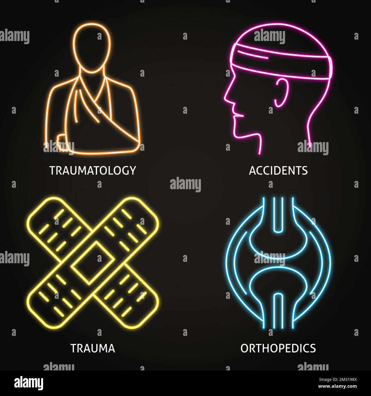 Traumatology and orthopedics neon icon set. Injury, trauma and accidents symbols, medical ...