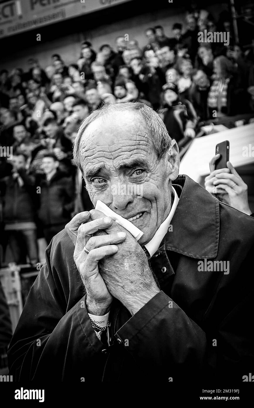 Club's former player Raoul Lambert wipes away tears during a tribute ...