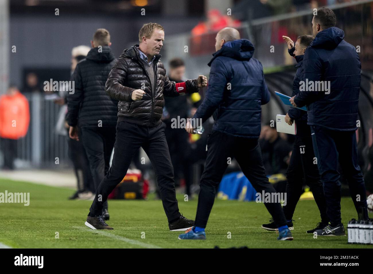 Mechelen's head coach Wouter Vrancken celebrates after scoring during a ...