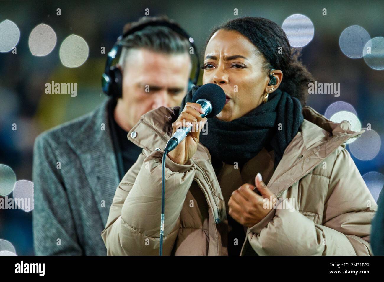 Belgian singer Sandrine performs at a soccer match between Club Brugge ...