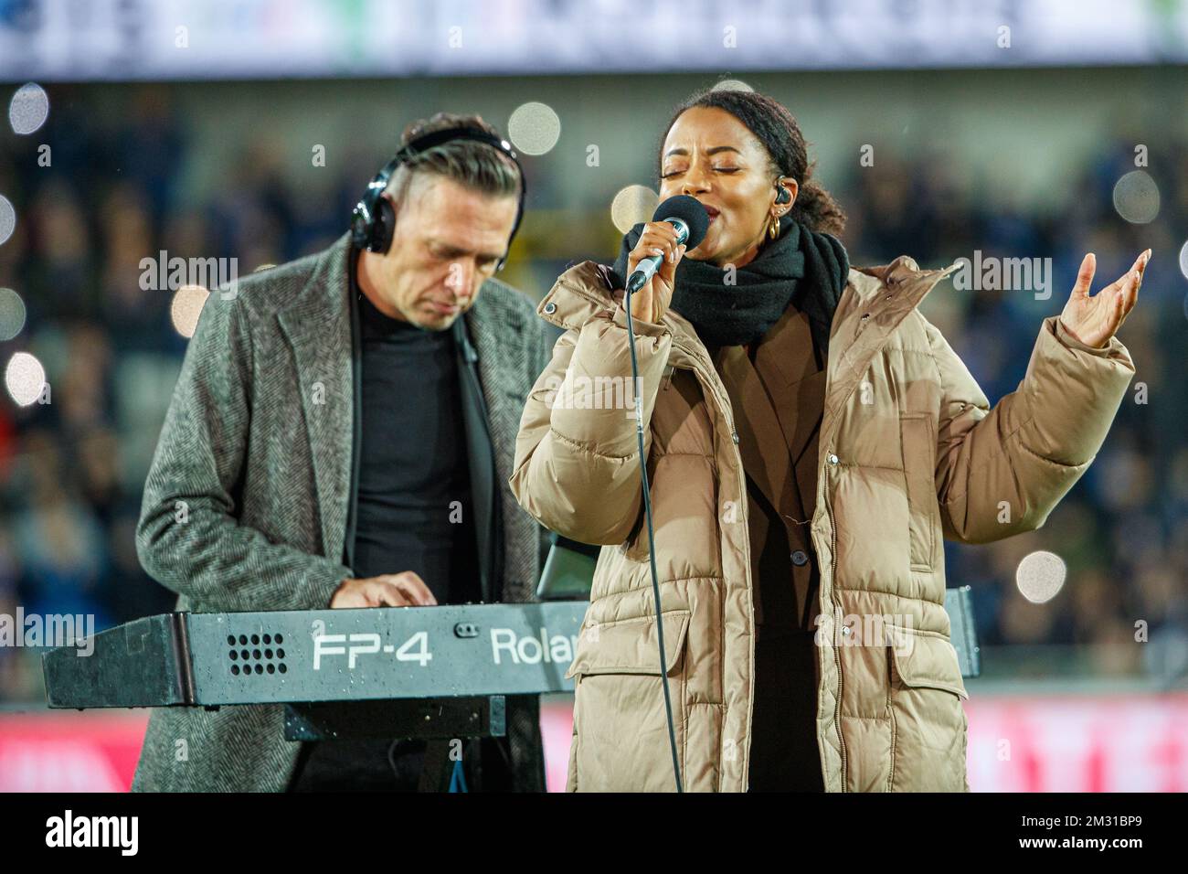 Belgian singer Sandrine performs at a soccer match between Club Brugge ...