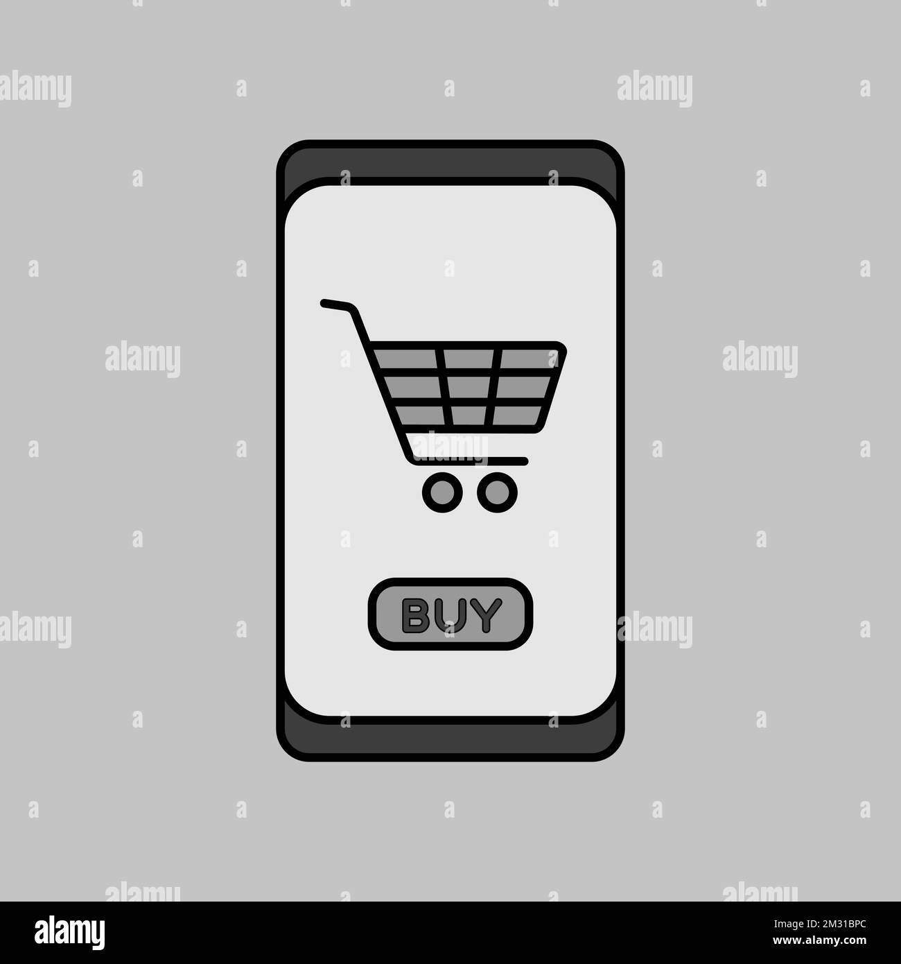Mobile phone shopping or online shopping with cart vector grayscale ...
