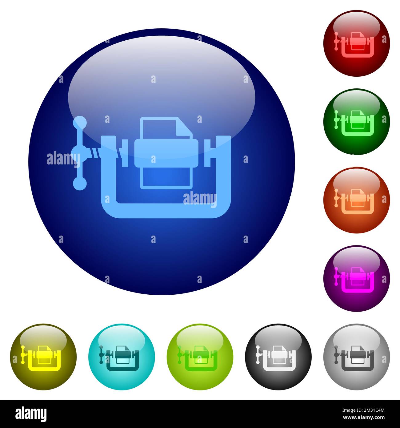 File Compression Solid Icons On Round Glass Buttons In Multiple Colors Arranged Layer Structure