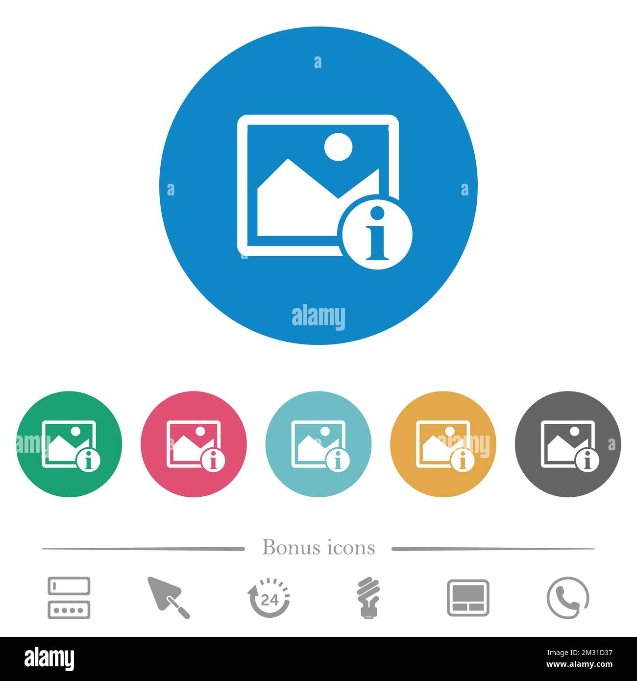 Image info flat white icons on round color backgrounds. 6 bonus icons ...