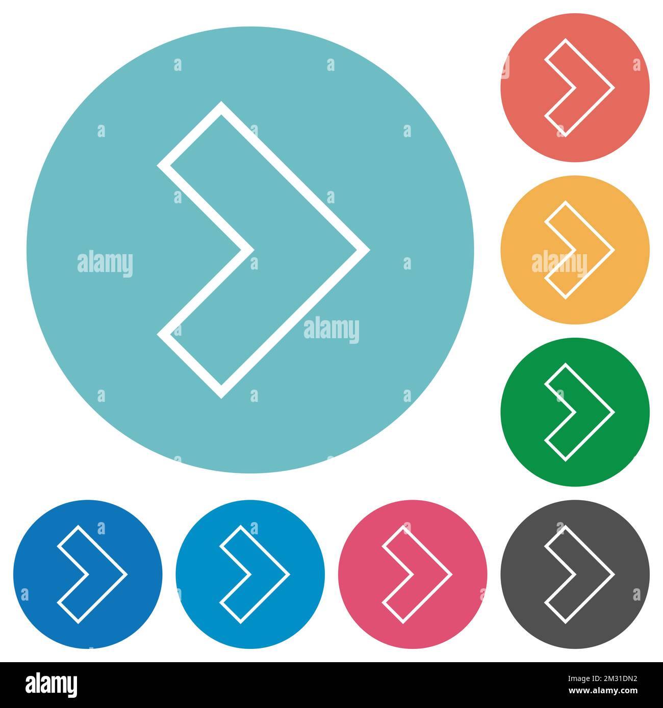 Right 90 degrees angle arrow outline flat white icons on round color ...