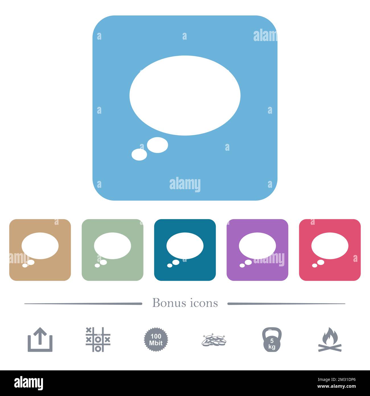 Single oval thought bubble solid white flat icons on color rounded square backgrounds. 6 bonus ...