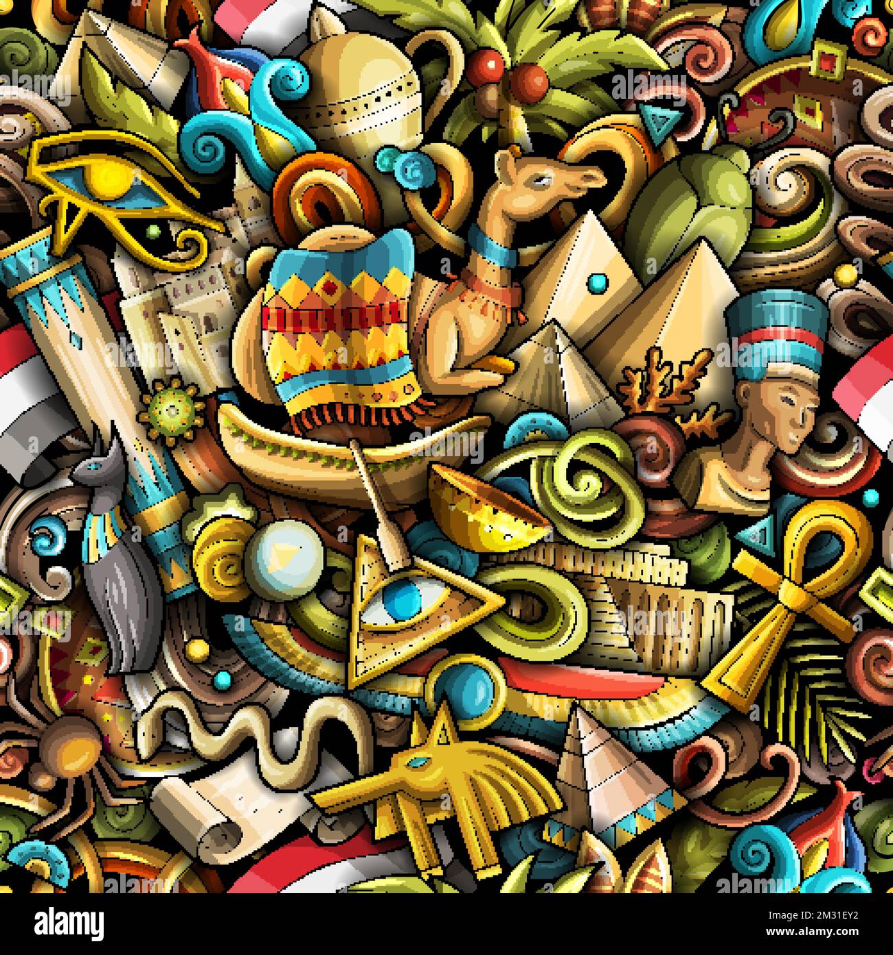 Cartoon doodles Egypt seamless pattern. Backdrop with local Egyptian ...