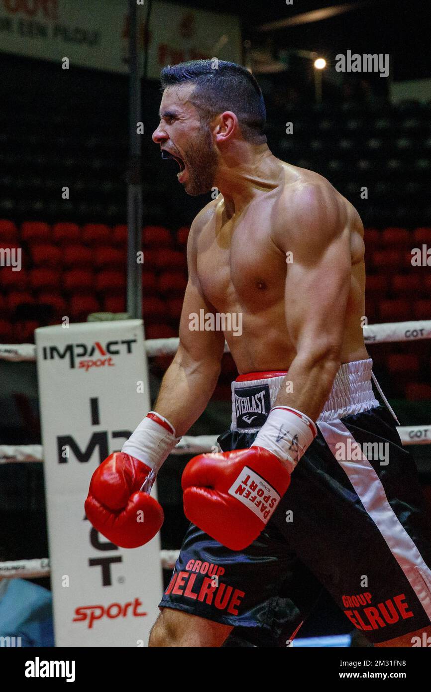 Belgian boxer Ben Almi Hakim celebrates after winning the fight between ...