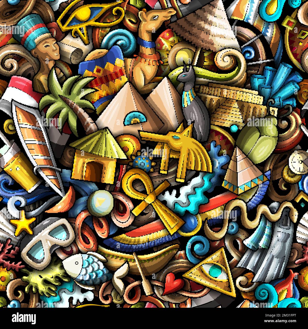 Cartoon doodles Egypt seamless pattern. Backdrop with local Egyptian ...
