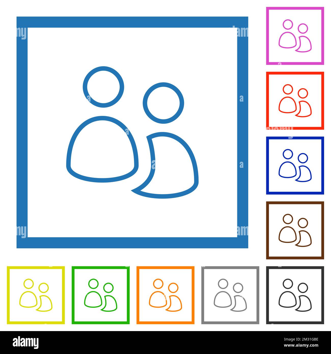 User group outline flat color icons in square frames on white ...