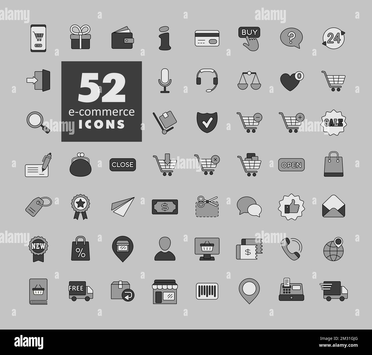 E-commerce set vector grayscale icons shopping and online. Graph symbol ...