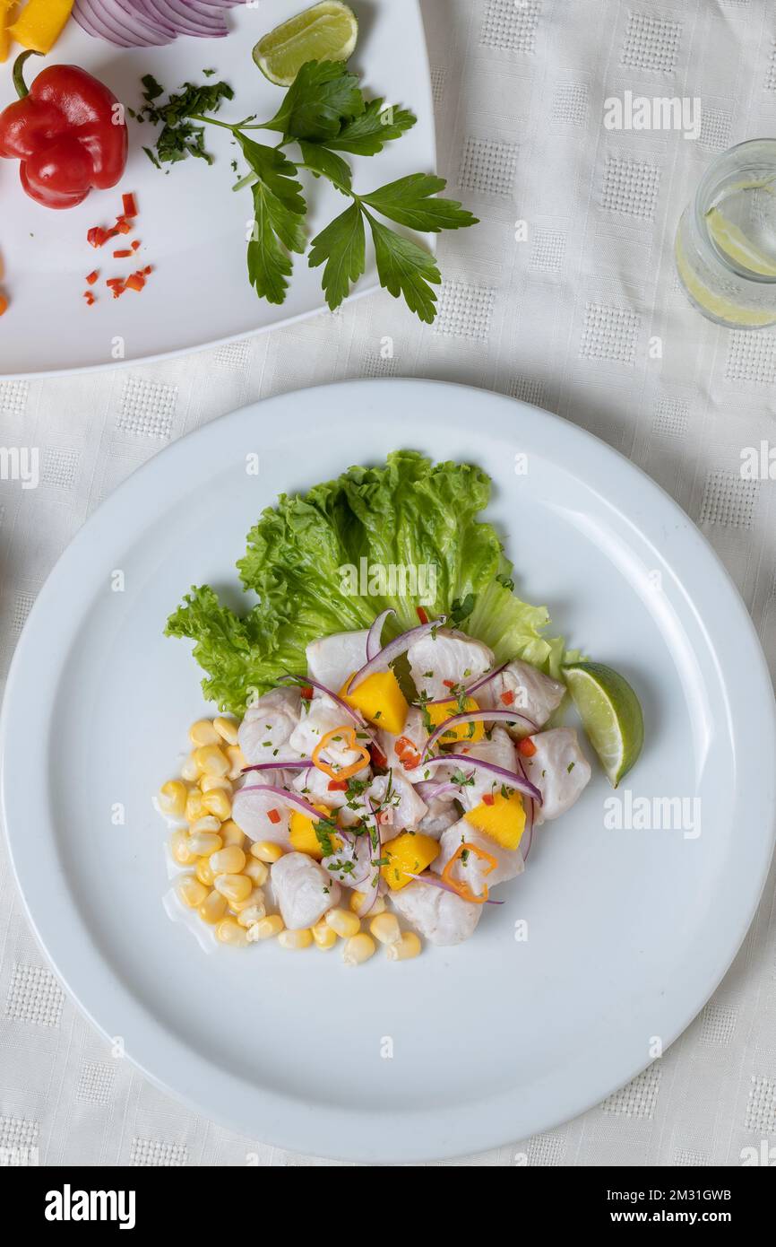 Top view of Ceviche, typical fish-based dish of Peruvian cuisine, and ...