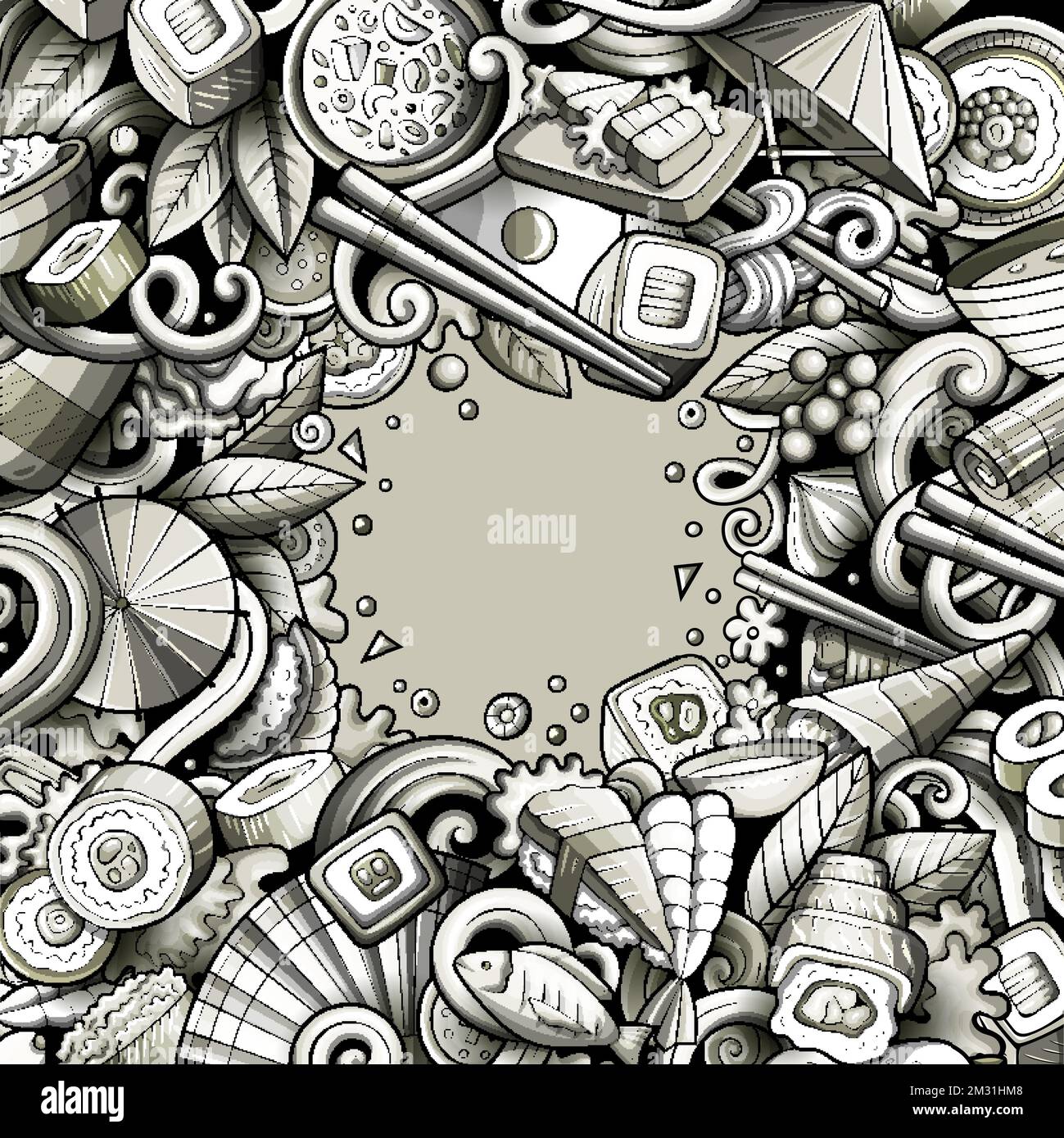 Cartoon vector doodles Japan food frame. Monochrome, detailed, with ...