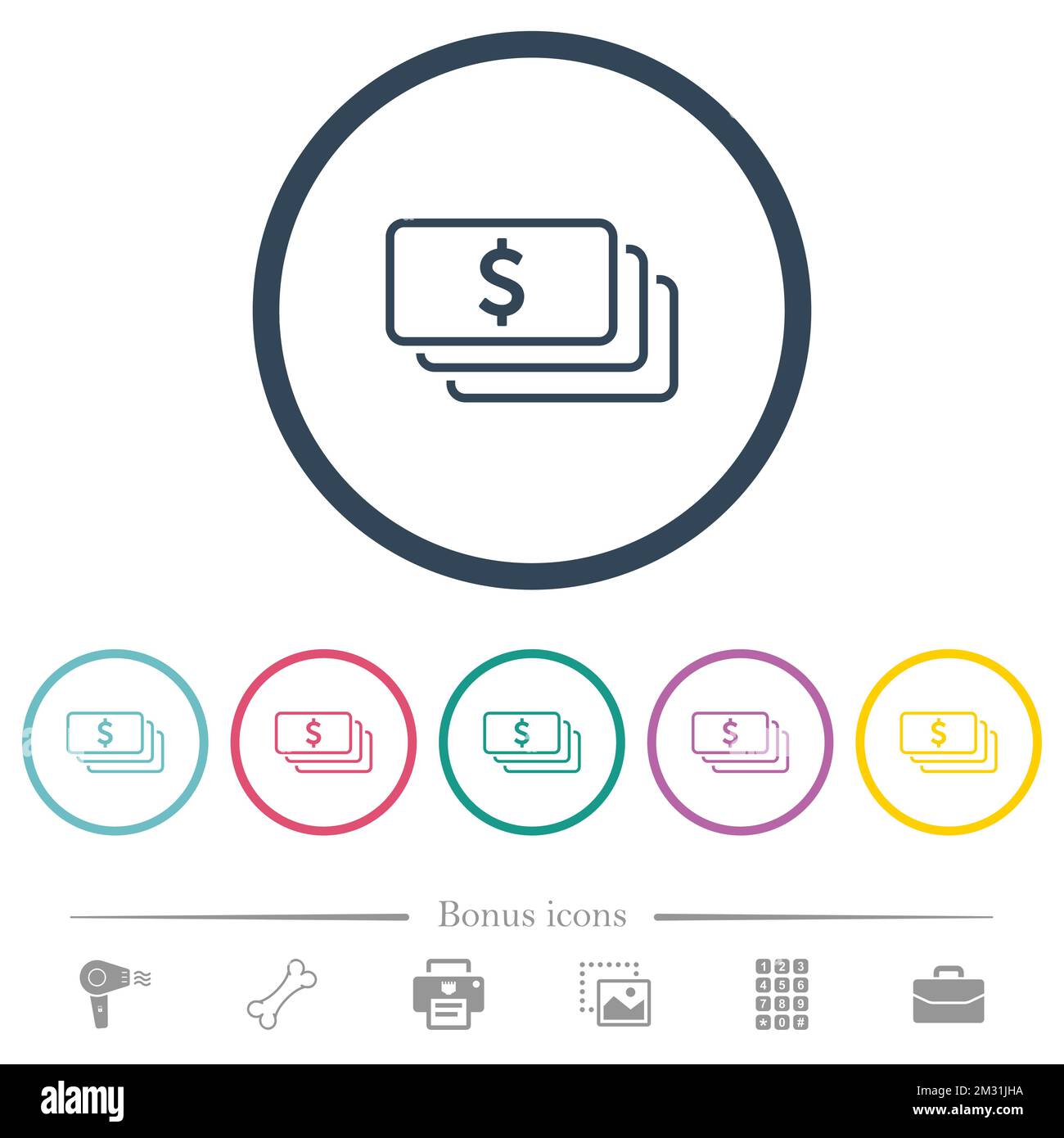 American dollar banknotes outline flat color icons in round outlines. 6 ...