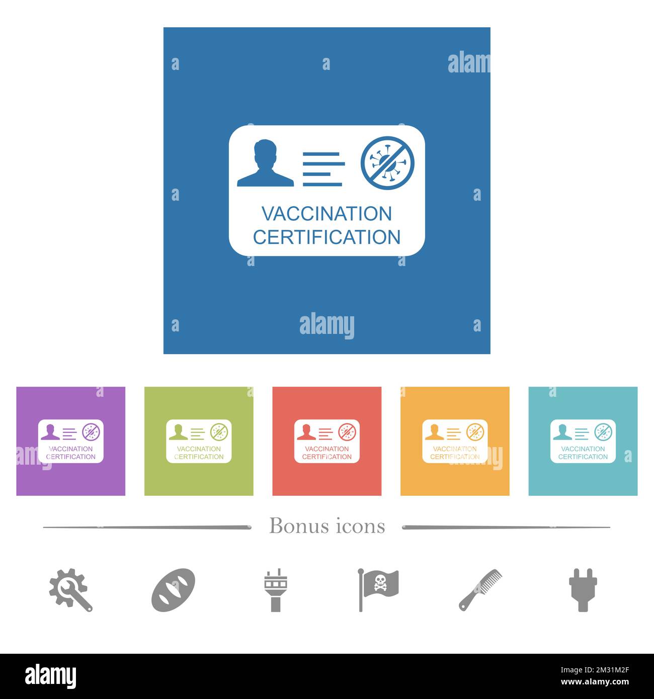 Vaccination certification flat white icons in square backgrounds. 6 bonus icons included Stock ...