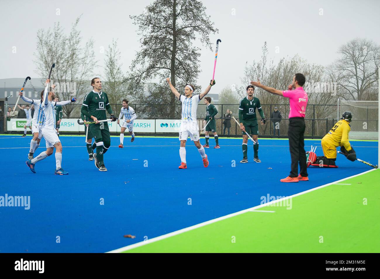 Gantoise players celebrate after scoring during a hockey game between ...