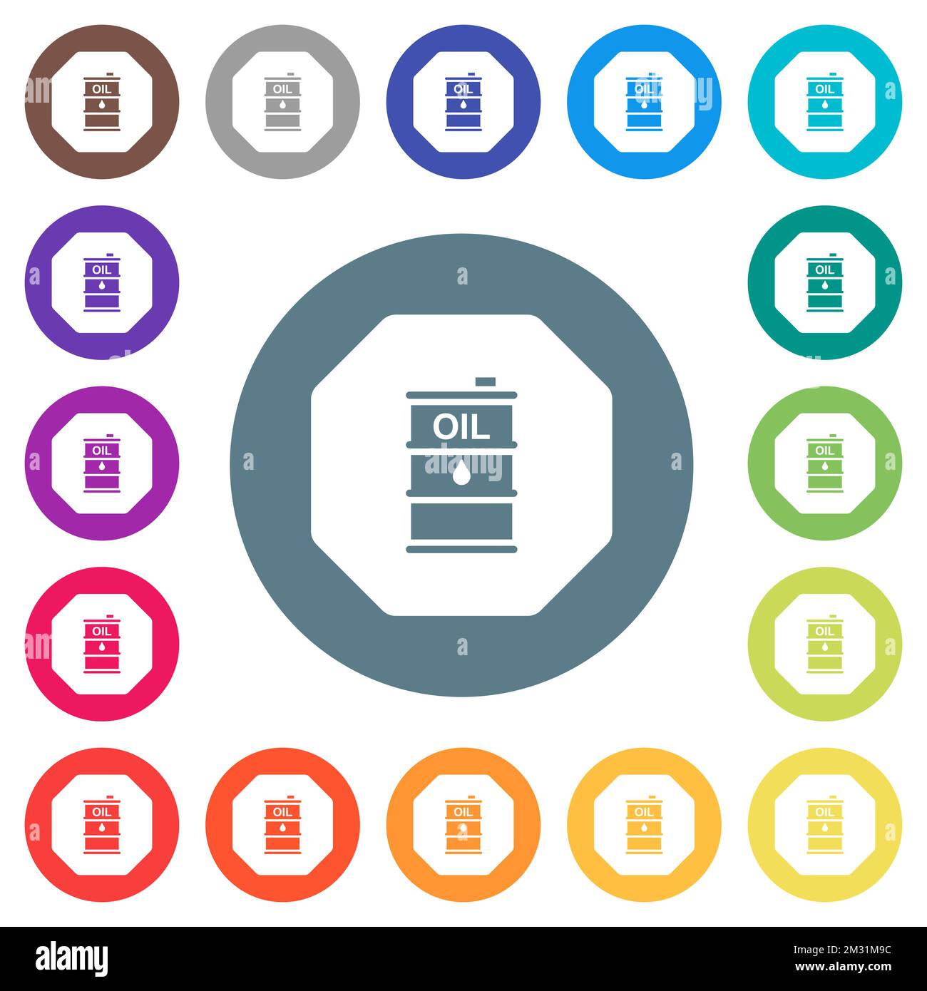 Octagon shaped crude oil sanction sign solid flat white icons on round ...