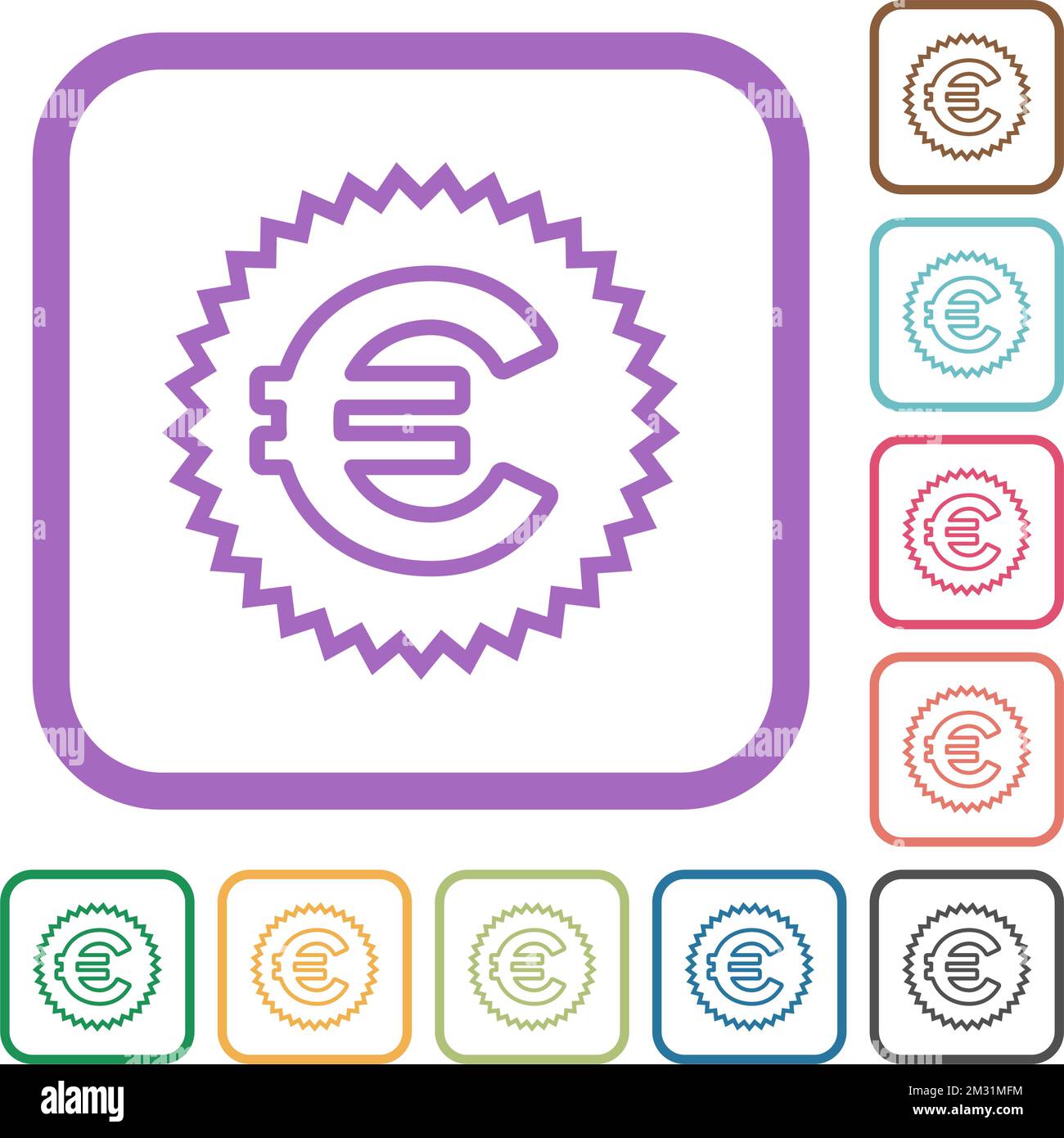 European Euro sticker outline simple icons in color rounded square ...