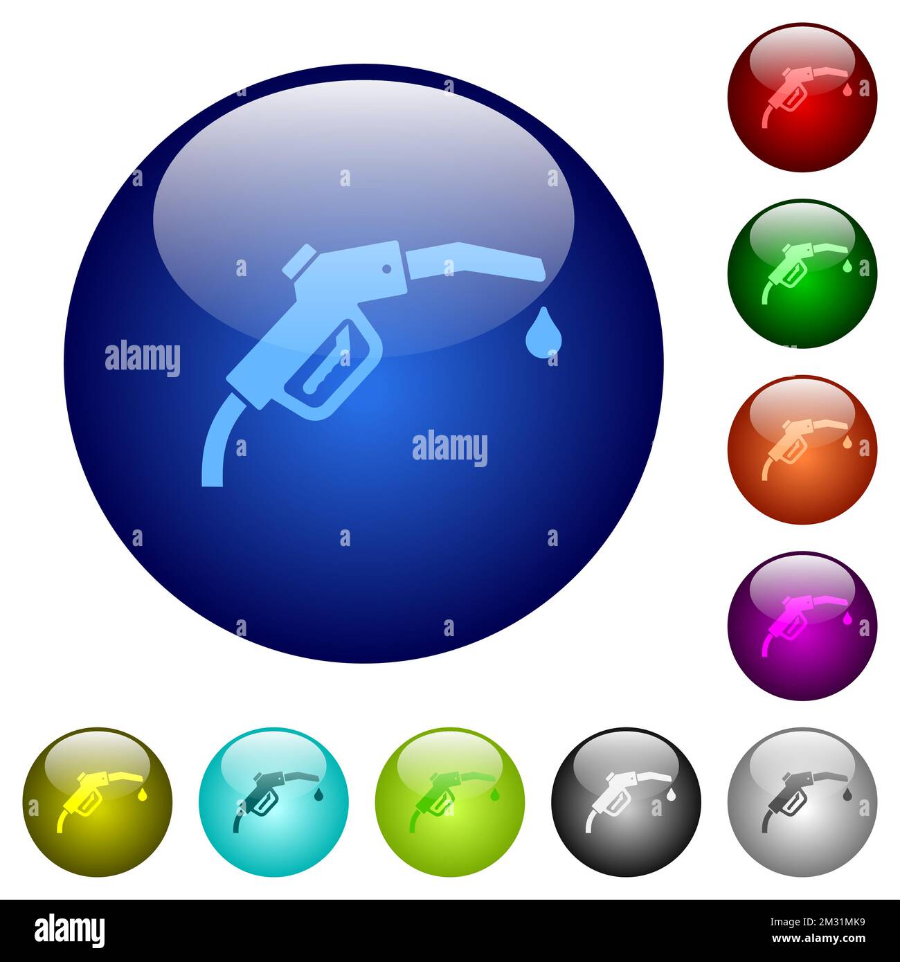 Gasoline pump fuel nozzle solid icons on round glass buttons in multiple colors. Arranged layer ...