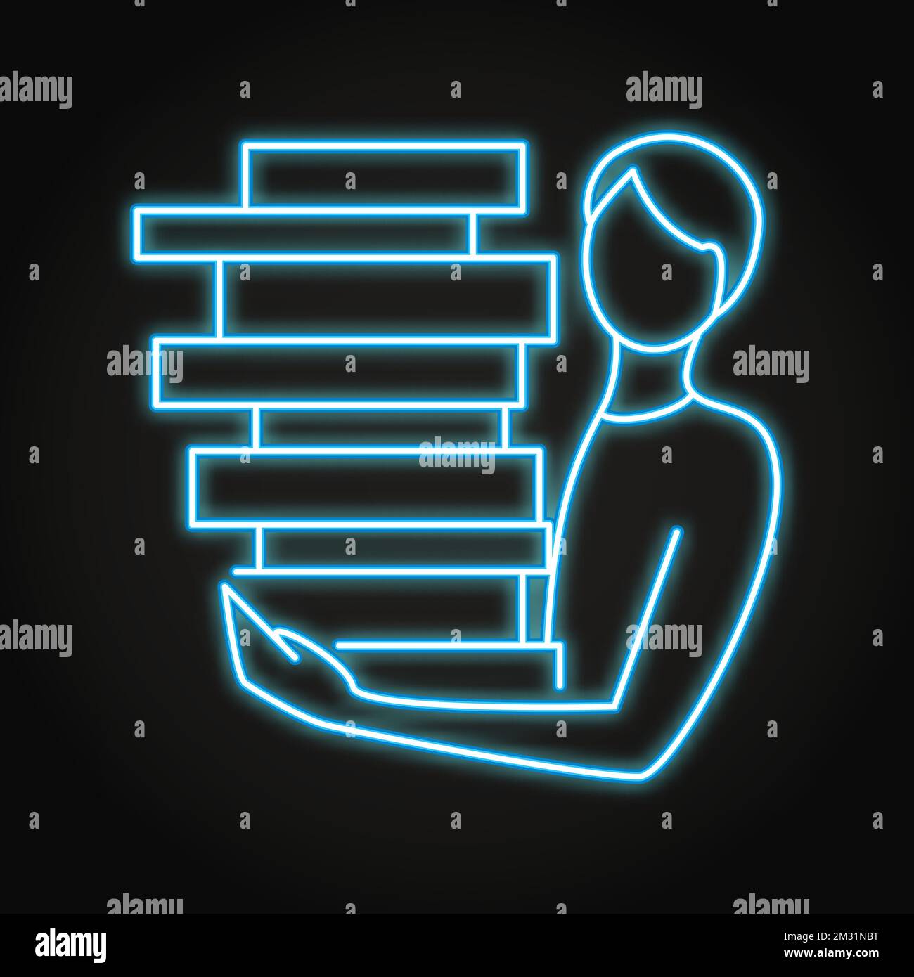 Overloaded and busy employee neon icon. Man holding a pile of books ...