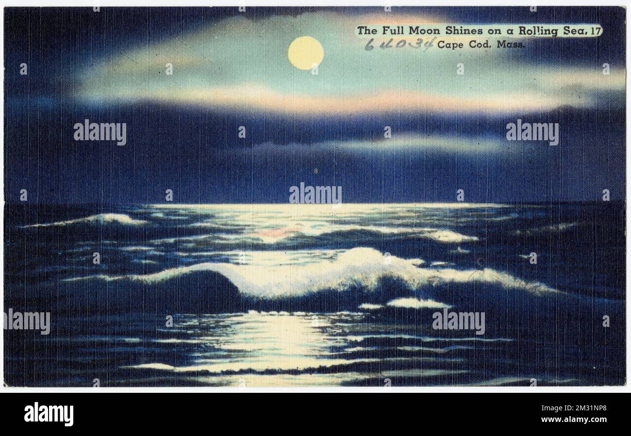The full moon shines on a rolling sea, Cape Cod, Mass. , Seas, Tichnor ...