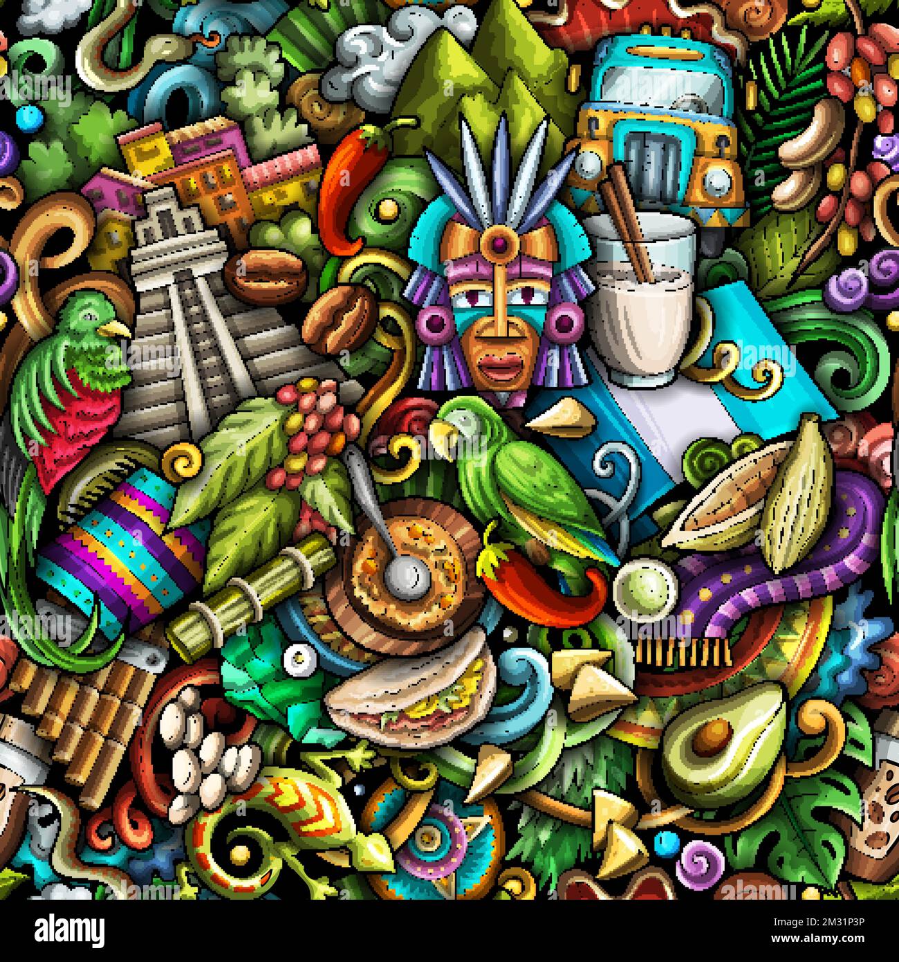 Cartoon doodles Guatemala seamless pattern. Backdrop with local Central ...