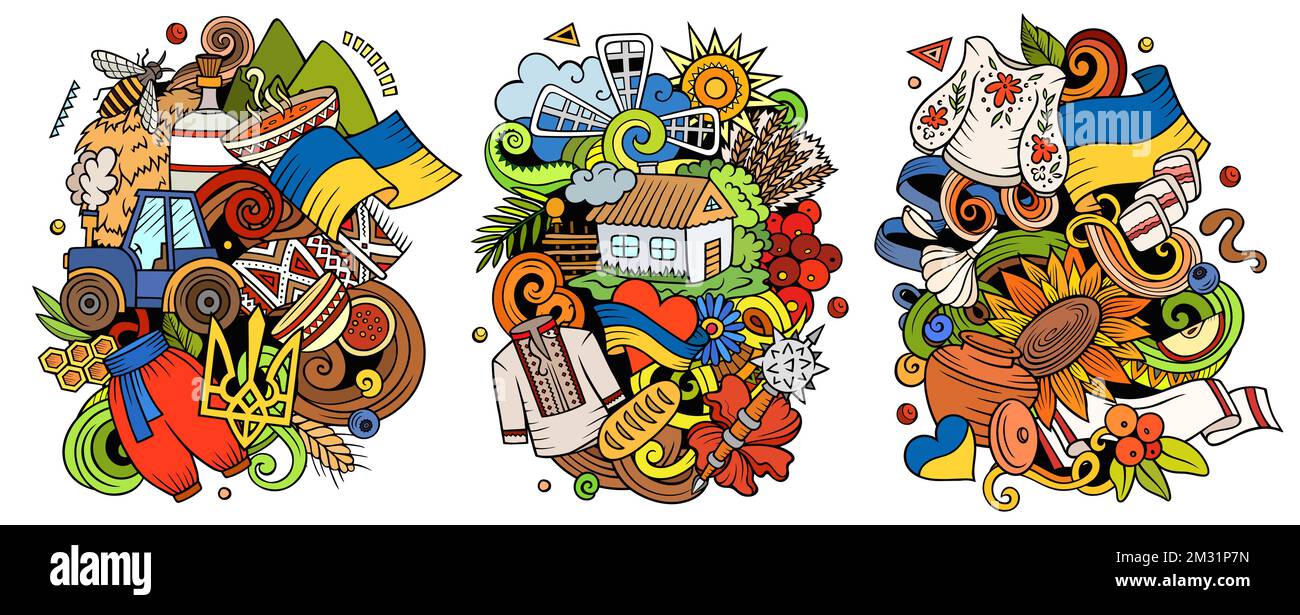 Ukraine cartoon vector doodle designs set. Colorful detailed ...